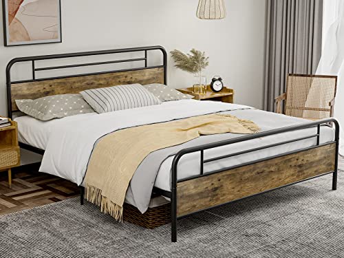 IKIFLY King Size Metal Platform Bed Frame with Wood Headboard Footboard, Heavy Duty Steel Slats, 12" Under Bed Storage, Mattress Foundation, No Box Spring Needed - King/Rustic Brown