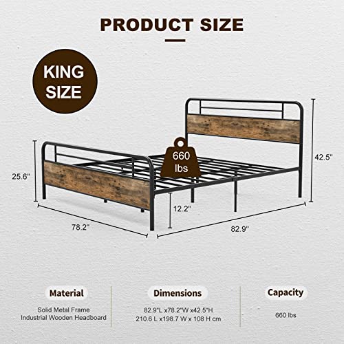 IKIFLY King Size Metal Platform Bed Frame with Wood Headboard Footboard, Heavy Duty Steel Slats, 12" Under Bed Storage, Mattress Foundation, No Box Spring Needed - King/Rustic Brown