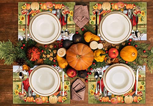 Fall Pumpkin Placemats for Dining Table, 12 x 18 Inch Farm Apples Sunflower Truck Autumn Thanksgiving Seasonal Holiday Decoration Rustic Washable Table Mats Set of 4