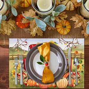 Fall Pumpkin Placemats for Dining Table, 12 x 18 Inch Farm Apples Sunflower Truck Autumn Thanksgiving Seasonal Holiday Decoration Rustic Washable Table Mats Set of 4