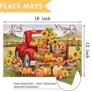 Fall Pumpkin Placemats for Dining Table, 12 x 18 Inch Farm Apples Sunflower Truck Autumn Thanksgiving Seasonal Holiday Decoration Rustic Washable Table Mats Set of 4