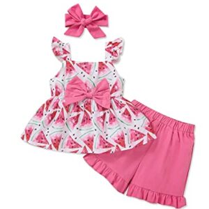 Kiluex Toddler Baby Girl Summer Clothes Ruffle Floral Tops + Solid Shorts with Headband 3PCS Outfits Set for Girls (B-Pink, 12-18 Months)