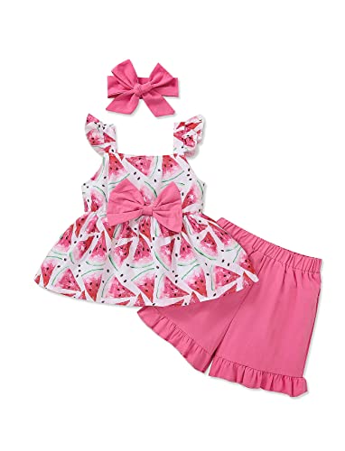 Kiluex Toddler Baby Girl Summer Clothes Ruffle Floral Tops + Solid Shorts with Headband 3PCS Outfits Set for Girls (B-Pink, 12-18 Months)