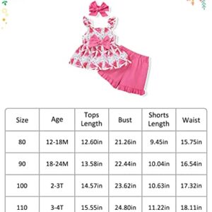 Kiluex Toddler Baby Girl Summer Clothes Ruffle Floral Tops + Solid Shorts with Headband 3PCS Outfits Set for Girls (B-Pink, 12-18 Months)