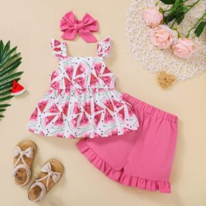 Kiluex Toddler Baby Girl Summer Clothes Ruffle Floral Tops + Solid Shorts with Headband 3PCS Outfits Set for Girls (B-Pink, 12-18 Months)