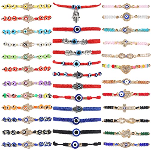 ILGANT 36Pcs Evil Eye Bracelets Pack Mexican Adjustable Mal De Ojo Blue Red Black String Knot Bracelet Set Hamsa Protection Beaded Jewelry for Women Teen Girls