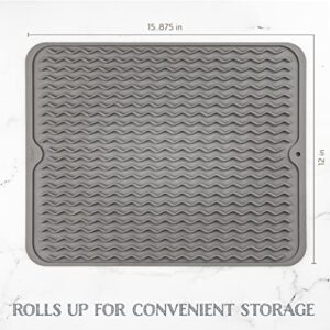 Silicone Dish Drying Mat - Drain Hole, Non-Slip, Heat Resistant, Foldable. Great for Dishes, Kitchen Sink, Counter Top, Fridge Drawer Liner or Trivet for Hot Pots. (12" X 16" | Grey)