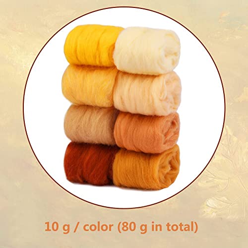 WONVOC 2.82oz Needle Felting Wool, 80 g Nature Wool Roving Yarn, Needle Felting Wool Bulk, Hand Spinning Wool Roving Wool Yarn for DIY Craft Materials and Felting Wool Craftsmen, 10g/Color (Autumn)