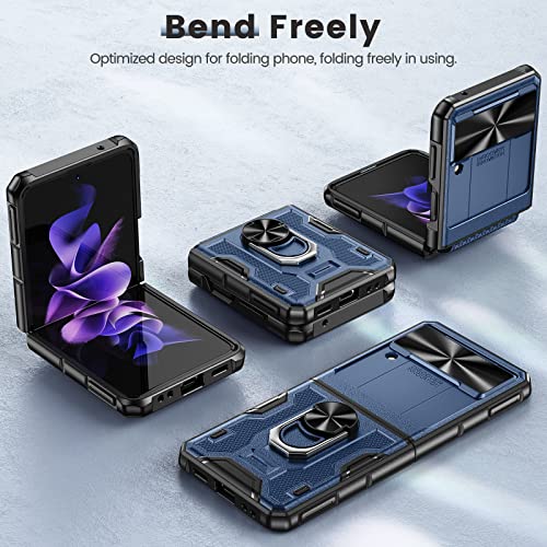 Caka for Samsung Galaxy Z Flip 3 Case, Z Flip 3 Case with Kickstand, Camera Cover & Hinge Protection with Built-in 360°Rotate Ring Stand Magnetic Protective Phone Case for Galaxy Z Flip 3 -Blue