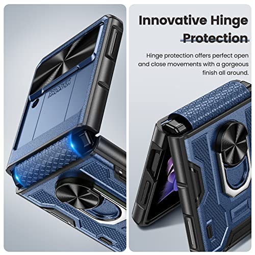 Caka for Samsung Galaxy Z Flip 3 Case, Z Flip 3 Case with Kickstand, Camera Cover & Hinge Protection with Built-in 360°Rotate Ring Stand Magnetic Protective Phone Case for Galaxy Z Flip 3 -Blue