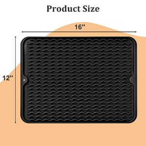 Elyum Dish Drying Mat, Silicone Drying Mat Heat Resistant Dish Mat Non-Slip Easy Clean Drying Mats for Kitchen Counter Sink(16" x 12'', Black)