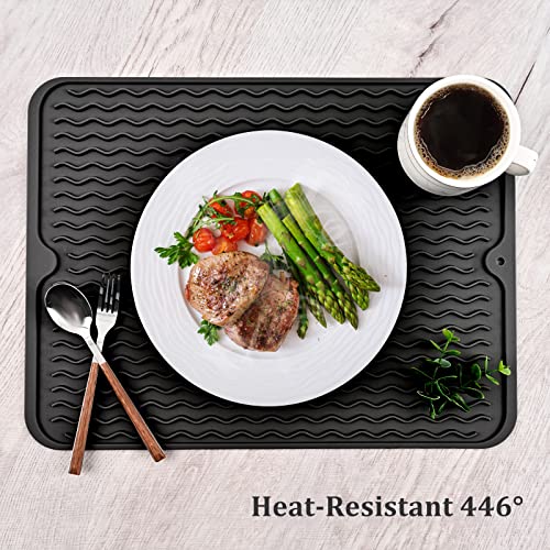 Elyum Dish Drying Mat, Silicone Drying Mat Heat Resistant Dish Mat Non-Slip Easy Clean Drying Mats for Kitchen Counter Sink(16" x 12'', Black)