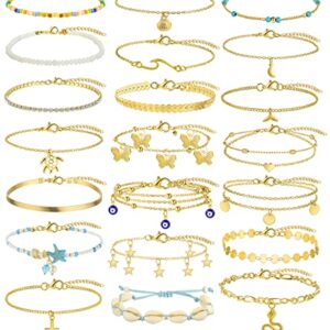 iF YOU 20 Pcs Gold Ankle Bracelets Set for Women Girls, Boho Colorful Beach Beaded Chain Anklet Bracelet, Starfish Turtle Adjustable Anklet Foot Jewelry.