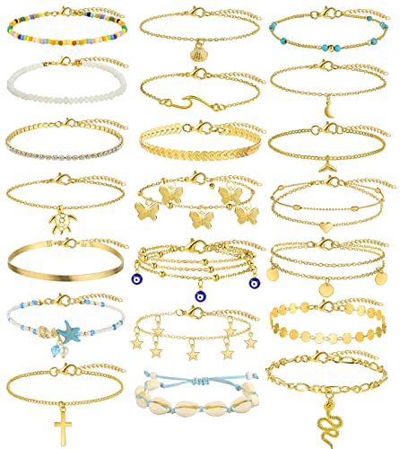 iF YOU 20 Pcs Gold Ankle Bracelets Set for Women Girls, Boho Colorful Beach Beaded Chain Anklet Bracelet, Starfish Turtle Adjustable Anklet Foot Jewelry.