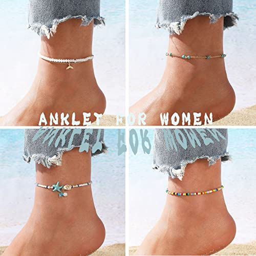 iF YOU 20 Pcs Gold Ankle Bracelets Set for Women Girls, Boho Colorful Beach Beaded Chain Anklet Bracelet, Starfish Turtle Adjustable Anklet Foot Jewelry.