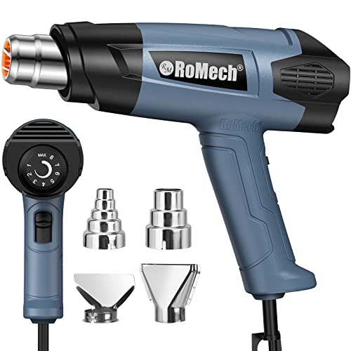 ROMECH Heat Gun 1500W Variable Temperature Control with 2 Air Volume Setting Heavy Duty Hot Air Gun Kit 120°F~1200°F (50°C~650°C) with 4 Nozzles for Crafts Shrink Wrap (Blue)