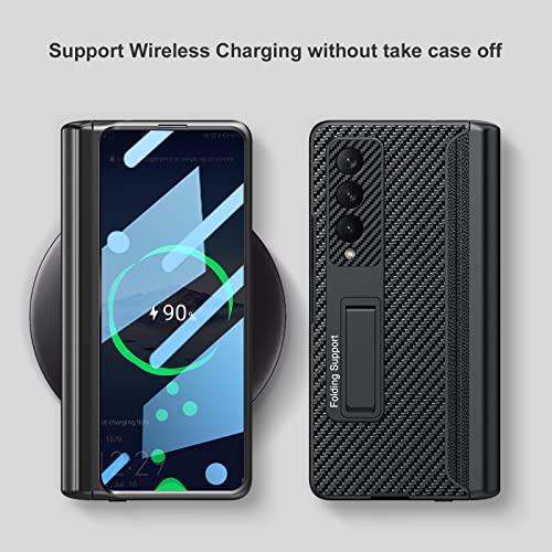 [Updated Version] Libeagle Compatible with Samsung Galaxy Z Fold 3 Case [Built in Hidden S Pen Holder to Avoid Pen Lost][Leather on Back][Screen Protector][Hinge Protection] Cover 5G 2021-Carbon fiber