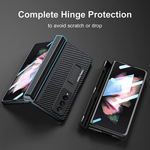 [Updated Version] Libeagle Compatible with Samsung Galaxy Z Fold 3 Case [Built in Hidden S Pen Holder to Avoid Pen Lost][Leather on Back][Screen Protector][Hinge Protection] Cover 5G 2021-Carbon fiber