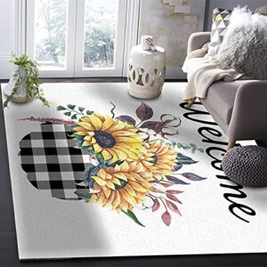 Indoor Area Rugs Thanksgiving Sunflower Pumpkin Leaf Non-Slip Floor Mats Plaid Black White Rectangular Carpet Soft Washable Rugs for Living Room/Bedroom/Hallway Home Decor - 5x8 Feet