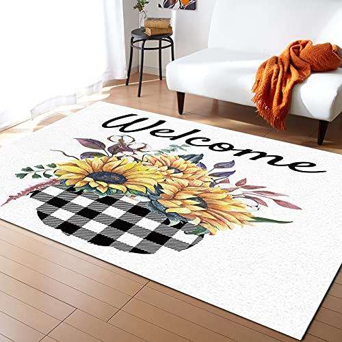 Indoor Area Rugs Thanksgiving Sunflower Pumpkin Leaf Non-Slip Floor Mats Plaid Black White Rectangular Carpet Soft Washable Rugs for Living Room/Bedroom/Hallway Home Decor - 5x8 Feet