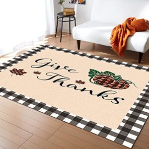 Indoor Area Rugs Thanksgiving Buffalo Pumpkin Fall Leaf Non-Slip Floor Mats Black Check Rectangular Carpet Soft Washable Rugs for Living Room/Bedroom/Hallway Home Decor - 5x7 Feet