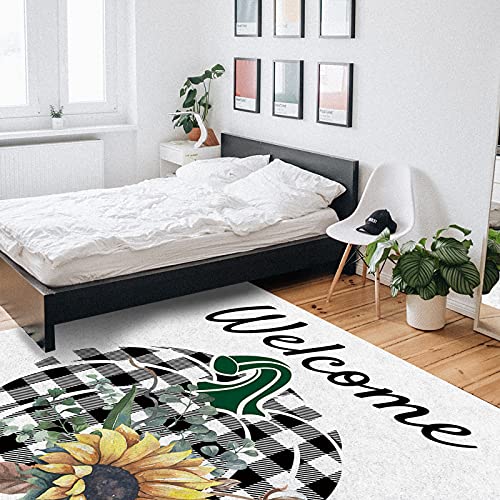 Indoor Area Rugs Thanksgiving Sunflower Pumpkin Non-Slip Floor Mats Black White Plaid Rectangular Carpet Soft Washable Rugs for Living Room/Bedroom/Hallway Home Decor - 4x6 Feet