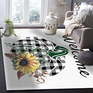 Indoor Area Rugs Thanksgiving Sunflower Pumpkin Non-Slip Floor Mats Black White Plaid Rectangular Carpet Soft Washable Rugs for Living Room/Bedroom/Hallway Home Decor - 4x6 Feet