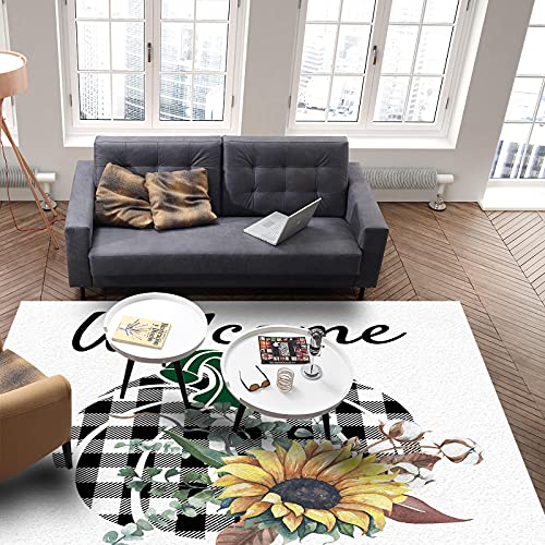 Indoor Area Rugs Thanksgiving Sunflower Pumpkin Non-Slip Floor Mats Black White Plaid Rectangular Carpet Soft Washable Rugs for Living Room/Bedroom/Hallway Home Decor - 4x6 Feet