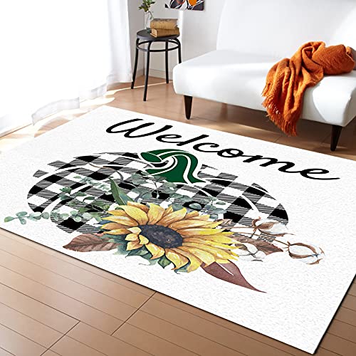 Indoor Area Rugs Thanksgiving Sunflower Pumpkin Non-Slip Floor Mats Black White Plaid Rectangular Carpet Soft Washable Rugs for Living Room/Bedroom/Hallway Home Decor - 4x6 Feet