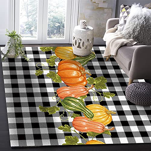 Indoor Area Rugs Thanksgiving Pumpkin Fall Harvest Non-Slip Floor Mats Black White Check Rectangular Carpet Soft Washable Rugs for Living Room/Bedroom/Hallway Home Decor - 2.7x5 Feet