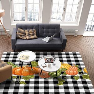 Indoor Area Rugs Thanksgiving Pumpkin Fall Harvest Non-Slip Floor Mats Black White Check Rectangular Carpet Soft Washable Rugs for Living Room/Bedroom/Hallway Home Decor - 2.7x5 Feet