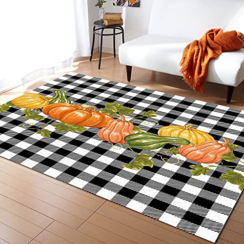 Indoor Area Rugs Thanksgiving Pumpkin Fall Harvest Non-Slip Floor Mats Black White Check Rectangular Carpet Soft Washable Rugs for Living Room/Bedroom/Hallway Home Decor - 2.7x5 Feet