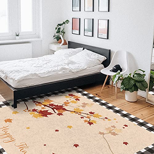 Indoor Area Rugs Thanksgiving Autumn Falling Leaf Non-Slip Floor Mats Black White Check Rectangular Carpet Soft Washable Rugs for Living Room/Bedroom/Hallway Home Decor - 2x3 Feet