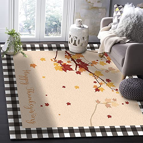 Indoor Area Rugs Thanksgiving Autumn Falling Leaf Non-Slip Floor Mats Black White Check Rectangular Carpet Soft Washable Rugs for Living Room/Bedroom/Hallway Home Decor - 2x3 Feet