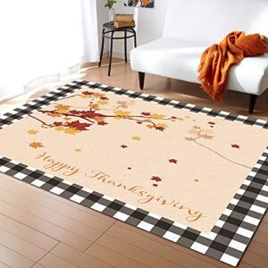 Indoor Area Rugs Thanksgiving Autumn Falling Leaf Non-Slip Floor Mats Black White Check Rectangular Carpet Soft Washable Rugs for Living Room/Bedroom/Hallway Home Decor - 2x3 Feet