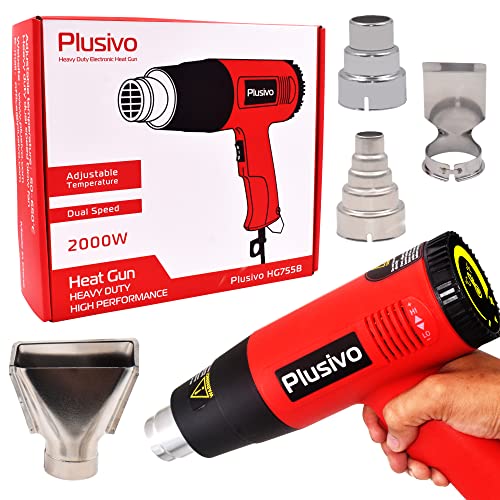 Heat Gun 2000W Fast Heat Heavy Duty Hot Air Gun Adjustable Temperature Control 122~1112℉ (50-600℃) Dual Speed 4 Nozzles for DIY Crafts, Shrinking Tubes, Bending PVC, Stripping Paint from Plusivo