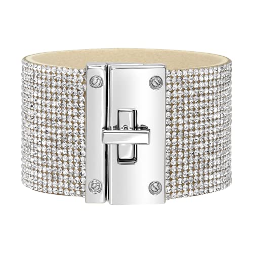 Badgley Mischka Women's Bracelet - Crystal Studded Leatherette Box Clasp Bangle Cuff Wrap Wristband, White