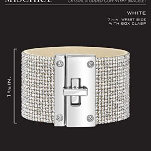 Badgley Mischka Women's Bracelet - Crystal Studded Leatherette Box Clasp Bangle Cuff Wrap Wristband, White