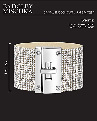 Badgley Mischka Women's Bracelet - Crystal Studded Leatherette Box Clasp Bangle Cuff Wrap Wristband, White