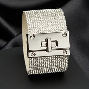 Badgley Mischka Women's Bracelet - Crystal Studded Leatherette Box Clasp Bangle Cuff Wrap Wristband, White