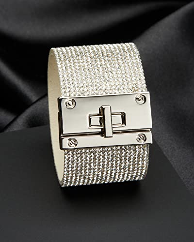 Badgley Mischka Women's Bracelet - Crystal Studded Leatherette Box Clasp Bangle Cuff Wrap Wristband, White