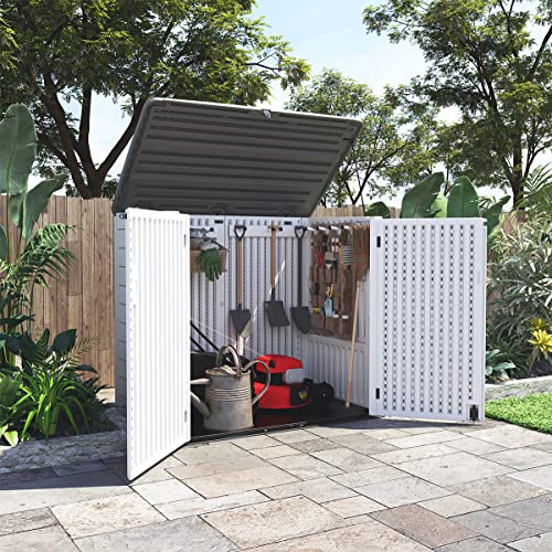 KINYING Larger Outdoor Storage Shed Weather Resistance, Horizontal Outdoor Storage Box Waterproof for Garden, Patios, Backyards, 48 Cu.ft Capacity for Bike, Garbage Cans, Lawn Mower, Garden Tools