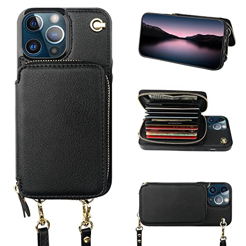 Bocasal Crossbody Wallet Case for iPhone 13 Pro, RFID Blocking Leather Purse Case with Card Holder, Protective Handbag Flip Cover with Zipper Wrist Strap Lanyard for Women 5G 6.1 Inch (Black)