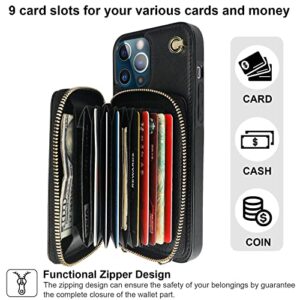 Bocasal Crossbody Wallet Case for iPhone 13 Pro, RFID Blocking Leather Purse Case with Card Holder, Protective Handbag Flip Cover with Zipper Wrist Strap Lanyard for Women 5G 6.1 Inch (Black)