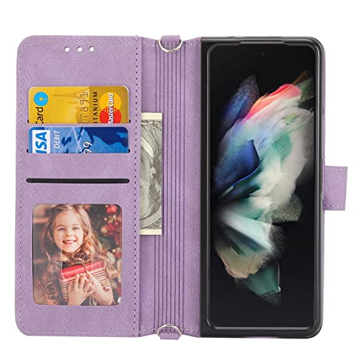 Wallet Case for Samsung Galaxy Z Fold 3, PU Leather Flip Folio Cover with Card Slots Magnetic Closure and Kickstand TPU Protective Phone Cases,Purple