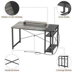 armocity Computer Desk, Gaming Desk with Power Outlet and USB, 40 Inch Reversible Laptop Table with Moveable Monitor Stand, Small Desk for Small Spaces, Home Office, Gaming Room, Black Oak and Black