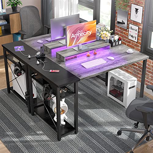 armocity Computer Desk, Gaming Desk with Power Outlet and USB, 40 Inch Reversible Laptop Table with Moveable Monitor Stand, Small Desk for Small Spaces, Home Office, Gaming Room, Black Oak and Black