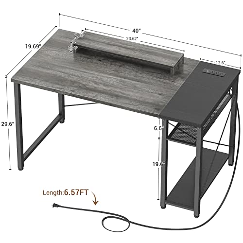 armocity Computer Desk, Gaming Desk with Power Outlet and USB, 40 Inch Reversible Laptop Table with Moveable Monitor Stand, Small Desk for Small Spaces, Home Office, Gaming Room, Black Oak and Black