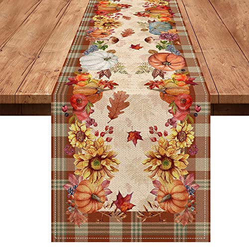 Fall Table Runner Autumn 72 Inches Long x 13 Burlap Linen Home Kitchen Decor Pumpkin Sunflower Leaves Buffalo Plaid Check Seasonal Coffee Dining Rustic Farmhouse Red Orange Yelllow Fall Table Runners