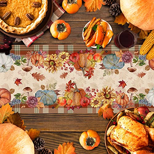 Fall Table Runner Autumn 72 Inches Long x 13 Burlap Linen Home Kitchen Decor Pumpkin Sunflower Leaves Buffalo Plaid Check Seasonal Coffee Dining Rustic Farmhouse Red Orange Yelllow Fall Table Runners